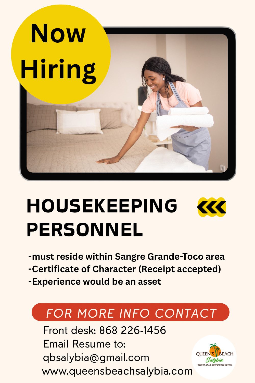 We’re hiring housekeeping personnel from the Sangre Grande-Toco area ...
